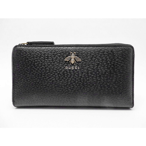 Gucci | Bags | Gucci Leather Animalier Bee Zip Around Wallet Black ...